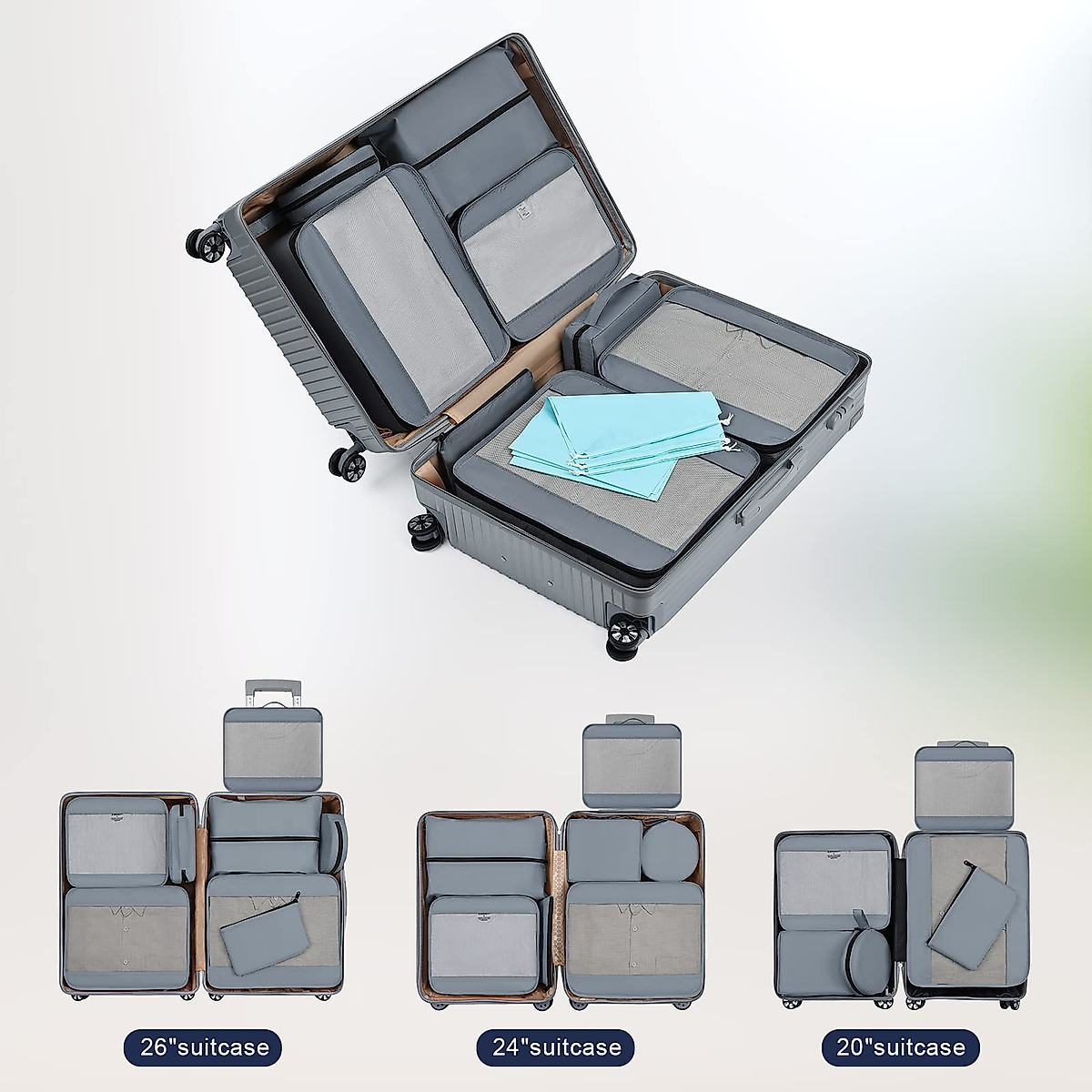 Packing Cubes for Travel 11 Sets of Packing Cubes for Suitcases, Travel Cubes Organizer, Luggage Organizer with Shoes Bag Underwear bag Electronics Bag（Grey）