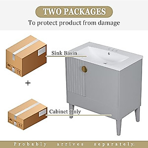 QuixotYDDZ 30 Inch Bathroom Vanity, Bathroom Vanity Cabinet and Ceramic Sink Combo, Freestanding Bathroom Storage Cabinet with Pull-Out Drawers, Solid Wood Frame, Soft Closing Doors, Grey