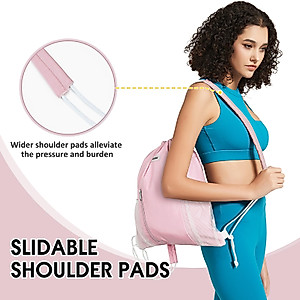 WANDF Drawstring Backpack with Shoulder Pad Sports Gym Backpack with Mesh Pocket String Bag for Women Men(Pink)