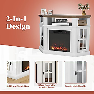 Furmax Fireplace Corner TV Stand for TV Up to 55 Inch, Modern TV Console with 18 Inch Electric Fireplace, Entertainment Center with Open Shelf and Storage Cabinets for Living Room, Antique White