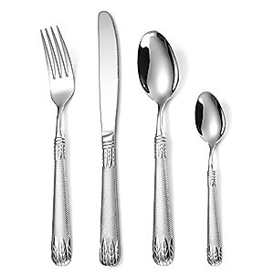 Silverware set Service for 8 Flatware Gold Hammered Handle Retro Golden Relief Plating Cutlery 18/10 Stainless Steel Kitchen,Home,Restaurant,Small Business 32piece