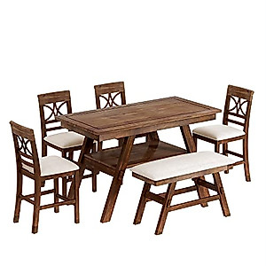 KLMM Modern Rustic 6 Piece Solid Wood Table Top Height Dining Set with Storage Shelf, Kitchen Table Set with Bench and 4 Chairs (Walnut#L-)
