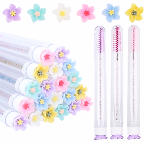 SenRocc 20 Pcs Mascara Wands Tube Set Reusable Lash Brush Rose Flower Tube Eyelash Brush Tubes Spoolies Lash Extension Brushes Applicators Makeup Tools (5-petal-MIX)