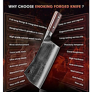 ENOKING Cleaver Knife, 7.5 Inch Hand Forged Meat Cleaver Heavy Duty Bone Chopper German High Carbon Stainless Steel Butcher Knife with Full Tang Handle for Home Kitchen and Restaurant, Ultra Sharp