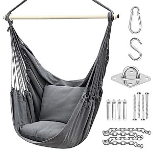 Hammock Chair Swing with Hardwares, Ohuhu XL Portable Hanging Chairs with Cushions Installation Kit Detachable Metal Support Bar Side Pocket for Indoor Outdoor Patio Bedrooms Teen Girls Room Decor