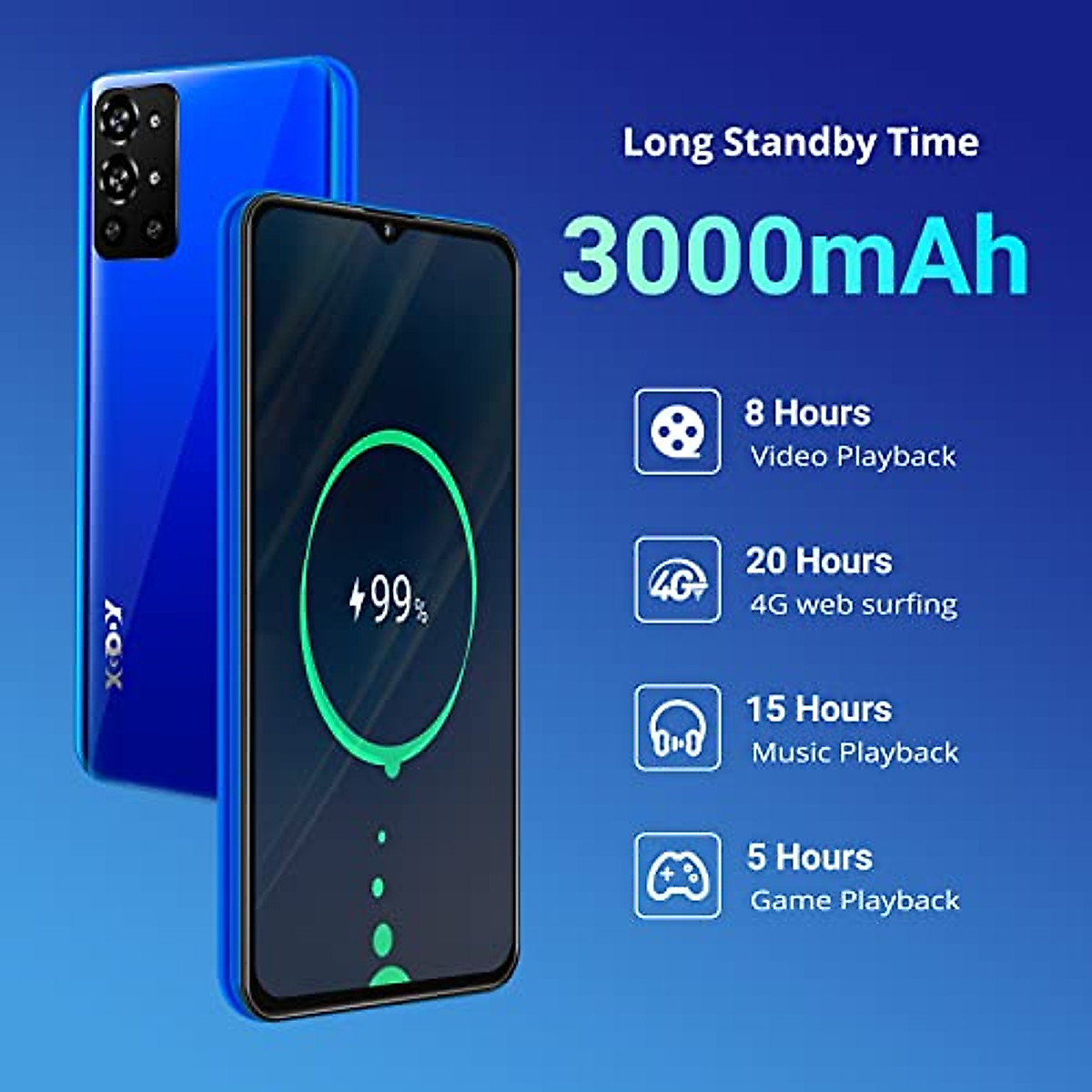 Xgody X14 Unlocked Smartphones, 6.52 Inch Large Screen 4G Dual Sim Mobile Phones, Dual 5MP + 256GB Extended Storage Cheap Cell Phones, Android 9.0 OS, 3000mAh Massive Battery, Face Recognition (Blue)