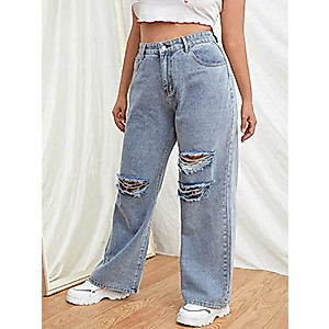 WDIRARA Women's Plus Size High Waist Ripped Wide Leg Jeans Baggy Denim Pants Light Wash 3XL