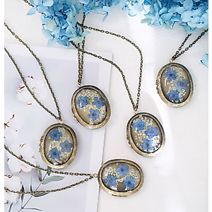 JewelryLand Handmade Oval Shaped Pressed Flower Vintage Photo Locket Resin Long Necklace (Forget Me Not), blue, pink, yellow, purple
