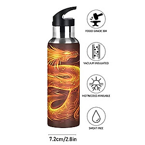 Fire Dragon Water Bottle Kids Thermos Bottle with Straw Lid Insulated Stainless Steel Water Flask for School Outdoor Sport Leakproof 20 oz