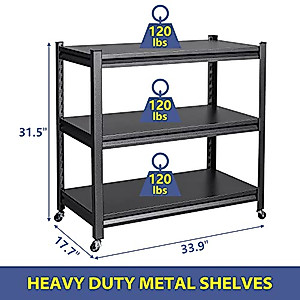 3 Tier Metal Storage Racks with Wheels, Mobile Garage Shelves Unit 17.7" D x 33.9" W x 31.5" H, Rolling Kitchen Racks, for Garage Pantry Home Office