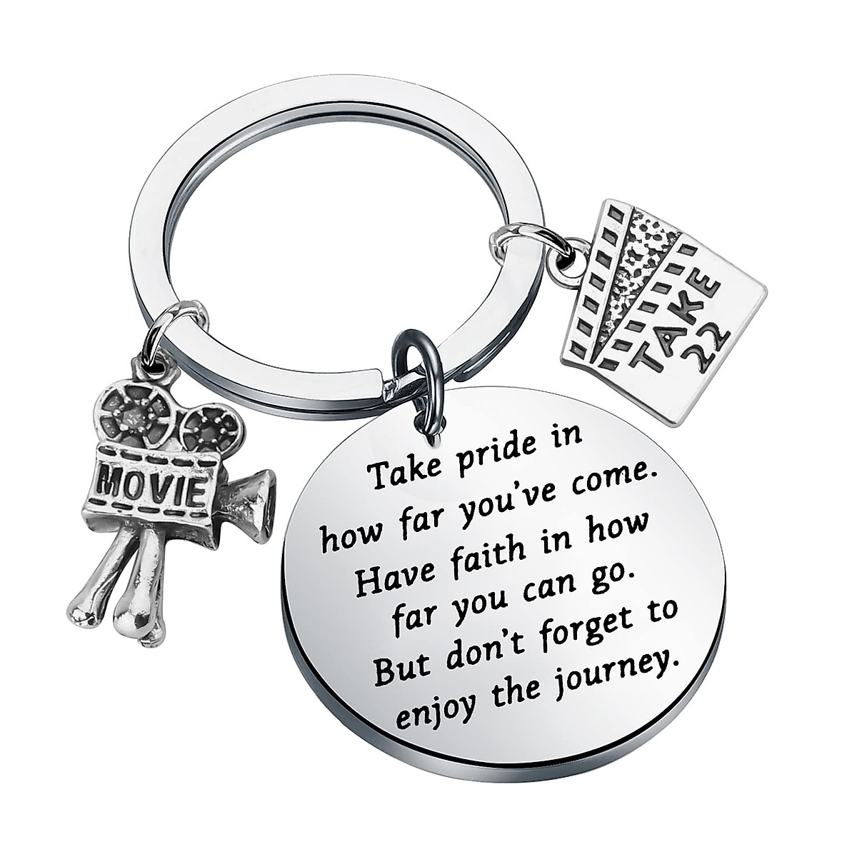FUSTMW Movie Camera Keychain Film Director Student Gifts Filmmaker Gifts Take Pride In How Far You Have Come Keychain for Movie lover Gifts (silver)