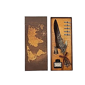 NC Calligraphy Dip Pen Set Retro European Style Ink Pen Metal Industrial Wind Carved Gift, 5 Replacement Nibs, Ink, Pen Socket, Packaging Box