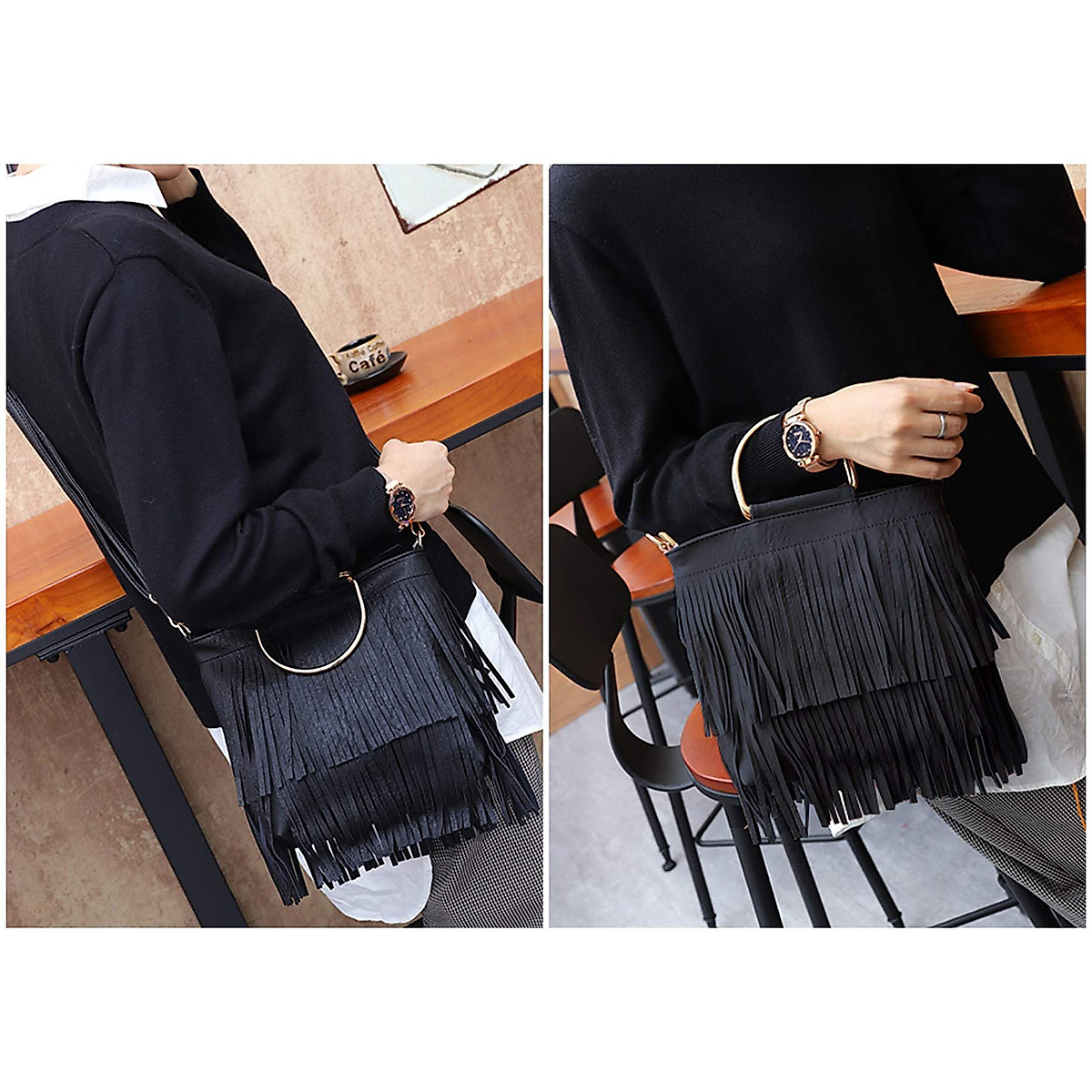 CHIC DIARY Women's Crossbody Bag Leather Tassel Shoulder Handbag Clutch Purse (Black)