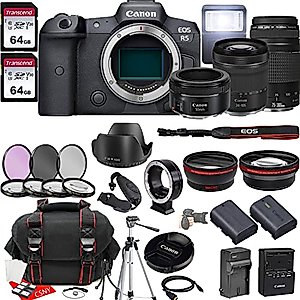 Canon EOS R5 Mirrorless Camera w/RF 24-105mm f/4-7.1 is STM Lens + EF 75-300mm f/4-5.6 III Lens + EF 50mm f/1.8 STM Lens + 2X 64GB Memory + Hood + Case + Filters + Tripod & More (35pc Bundle)