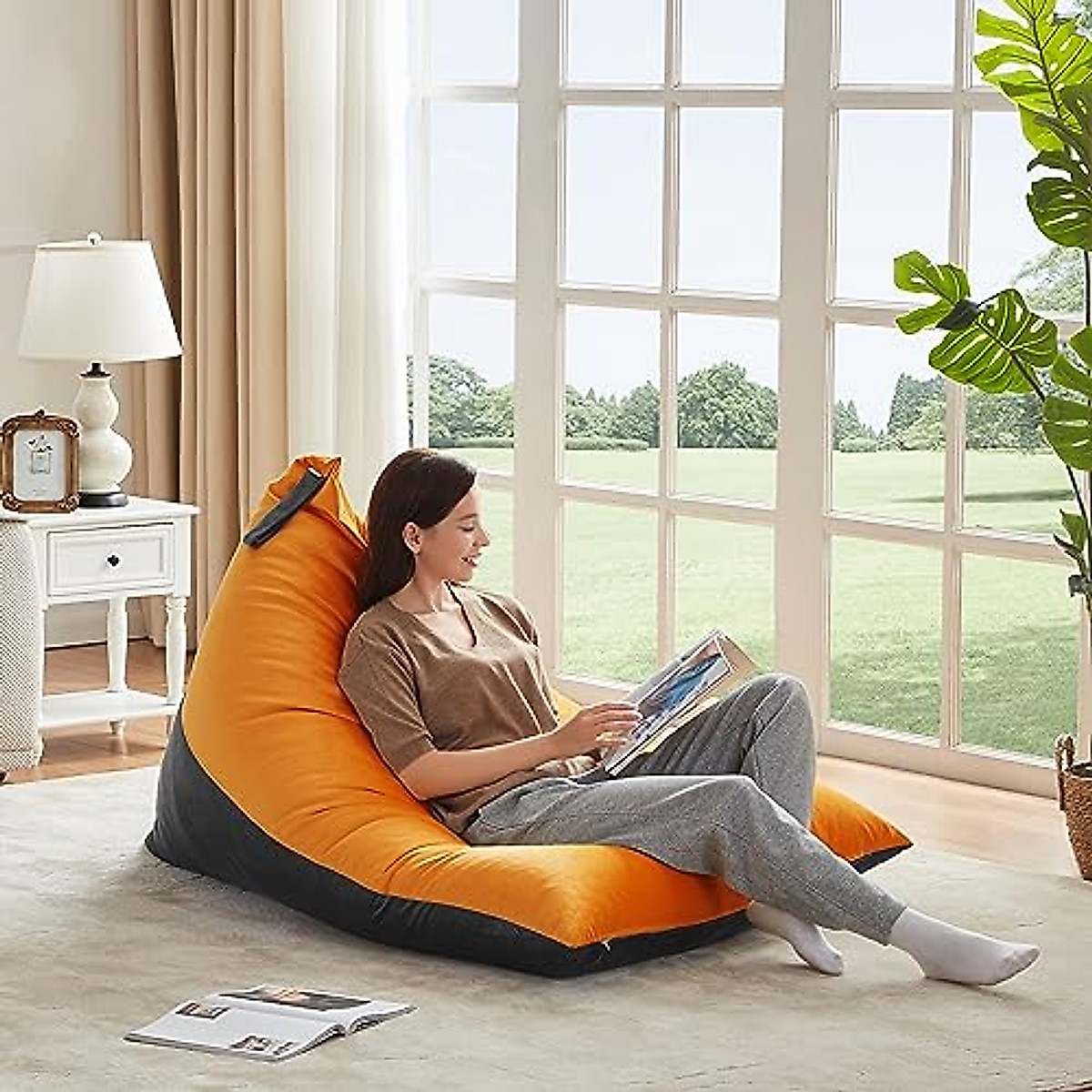 Nobildonna Bean Bag Chair Cover (No Filler) for Adults and Teens, Beanbag Lounger Sofa Velvet Cover Beans Stuffed Storage 4 Ft (Orang Grey, Large)