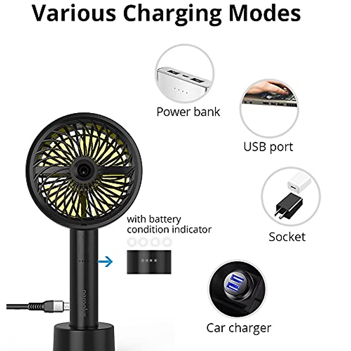 Aeroplus Mini Fan 5" Handheld Personal 3 Speed Rechargeable Battery Operated with Misting Option weatherproof includes dock & cable (Black) desk fan for home kitchen office travel camping