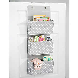 mDesign Fabric Baby Nursery Hanging Organizers for Over The Door Storage for Kids - 3 Pocket Organizer Caddy with Hooks for Clothing, School, Diaper, Toy, and Outfit Storage - Polka Dot, Gray/White