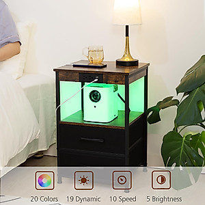 LOAKEKEL Night Stand Set 2, Nightstand with Charging Station, LED End Tables with USB C Port and Outlets, Bedside Table with 2 Fabric Drawers for Bedroom, Rustic Brown, HNS022BR