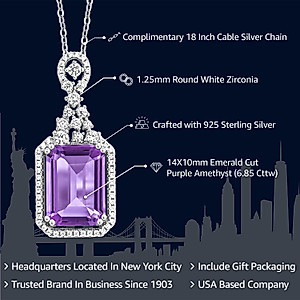 Gem Stone King 925 Sterling Silver Purple Amethyst Pendant Necklace For Women (6.85 Cttw, Gemstone Birthstone, Emerald Cut 14X10MM, with 18 Inch Silver Chain)