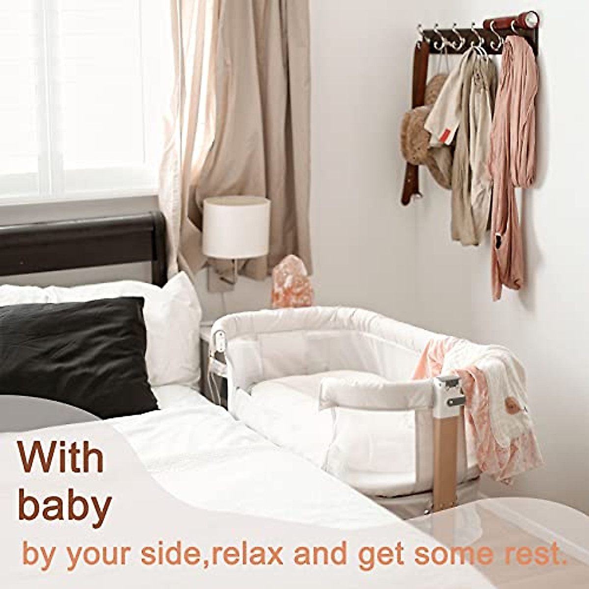 Baby Bassinet Bedside Sleeper, Baby Bed Co-Sleeper with Wheels Storage Basket, Portable Bedside Crib All Mesh, Bedside Bassinet for Baby, Infant Newborn Girl Boy, Adjustable Canopy with Toys