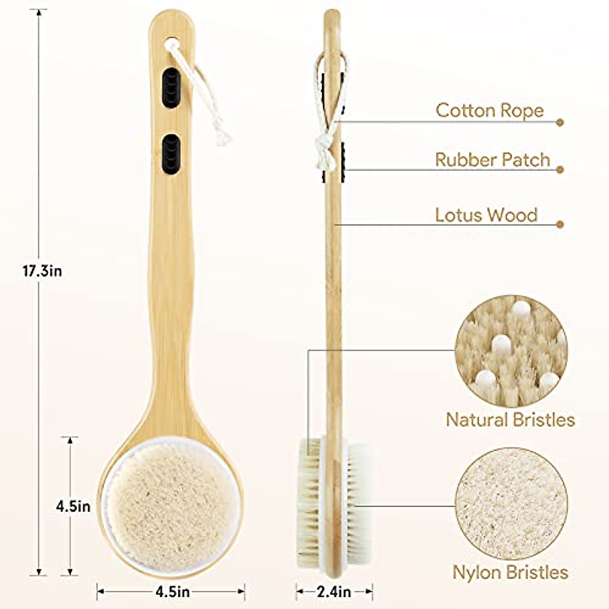 Dual-Sided Long Handle Shower Brush with Soft and Stiff Bristles,Tukuos Back Scrubber Exfoliating Body Scrubber for Wet or Dry Brushing Bath Shower Body Brush