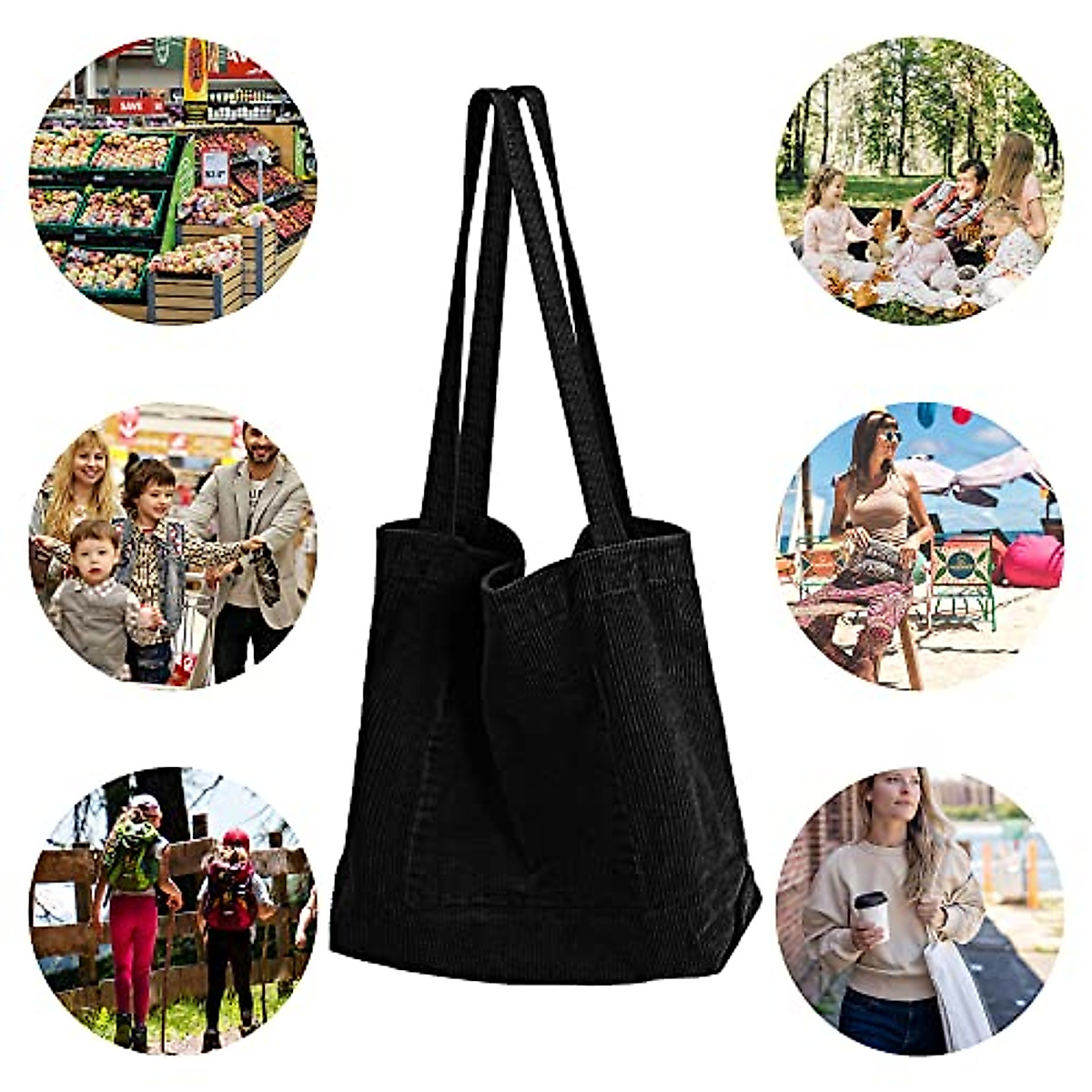 VIJIV Corduroy Tote Bag Aesthetic, Women Canvas Tote Bag Large Capacity Hippie Tote Bag Shoulder Handbags with Pockets Black