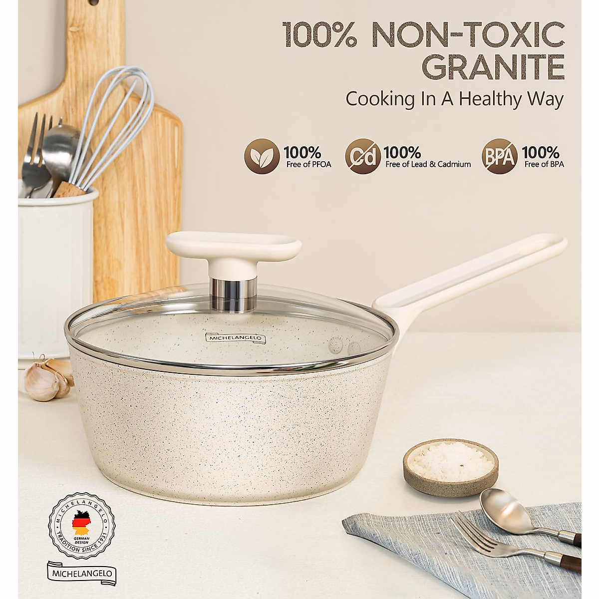 MICHELANGELO Sauce Pan, Nonstick Granite Sauce Pan Set with Lids 1.5 Quart & 2.5 Qaurt, Small Pot Set with Lids, Nonstick Saucepans with Lid, Stone Pot Set - White