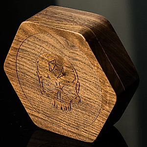 UDIXI Wooden Dice Box Skull Pattern, Walnut Dice Case with Magnetic Lid for Storage 7-Die Polyhedral Dice Set, Easy Carring, DND Gift (Hexagon)
