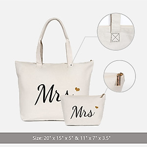TOPDesign Canvas Tote bag with Zipper, Gifts for Bride, Bride to Be, Mrs on Bridal Shower Bachelorette Party Engagement, Present for Wedding, Anniversary, Birthday, Valentines Day