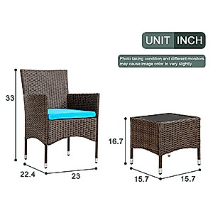 FDW Outdoor Patio Furniture Set，3 Pieces Wicker Bistro Set Outdoor Patio Set Rattan Chair Conversation Sets Patio Sofa Wicker Table Set for Yard Backyard Lawn Porch Poolside Balcony,Blue Cushion