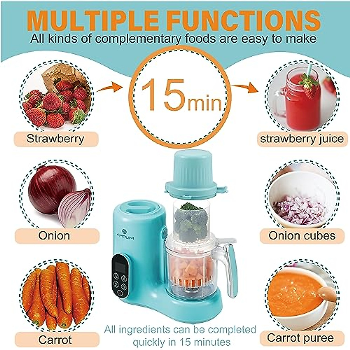 Amplim Baby Food Maker for Nutritious Homemade Meals | 11-in-1 Processor with Steam, Blend, Puree, Grinder, Chopper, Juicer, Defroster, Reheater, Cooker, Meal Station, and Bottle Sanitizer and Warmer