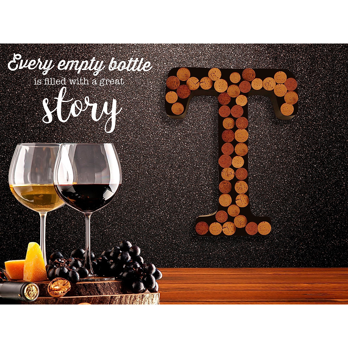 Premium Metal Letter Wine Cork Holder Is A Perfect Bar Decor Made of Durable Metal and A Glossy Black Finish With Rounded Edges , This Bar Cart Accessories Is Easy To Hang , Letter T (9,7”x 2”x 12,2”)