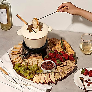Twine Farmhouse Kitchen Enamel Cast Iron Fondue Set Cheese Melting Pot Metal Stand with Stainless Steel Forks and Chrome Gel Burner, 8.5", Off-Cream