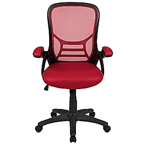 Flash Furniture Porter High Back Mesh Ergonomic Swivel Office Chair with Lumbar Support, Flip-Up Arms, Tilt Lock/Tilt Tension, Height Adjustable, Red/Black Frame