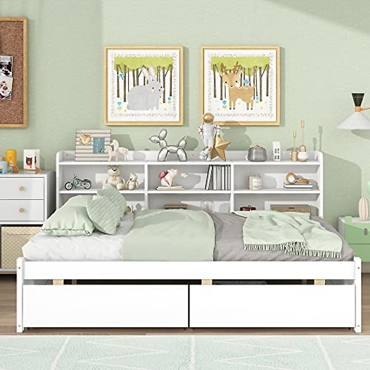 Harper & Bright Designs Full Bed with Storage Drawers and Side Bookcase, Solid Wood Platform Frame, Full Size Daybed Sofa for Bedroom Living Room (Full Size, White) White(side Bookcase)