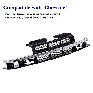 JustDrivably Front Grille Grill Compatible With Chevrolet 1998-2005 Blazer | 1998-2004 S10 Pickup Truck (Chrome Bar With Black Insert)