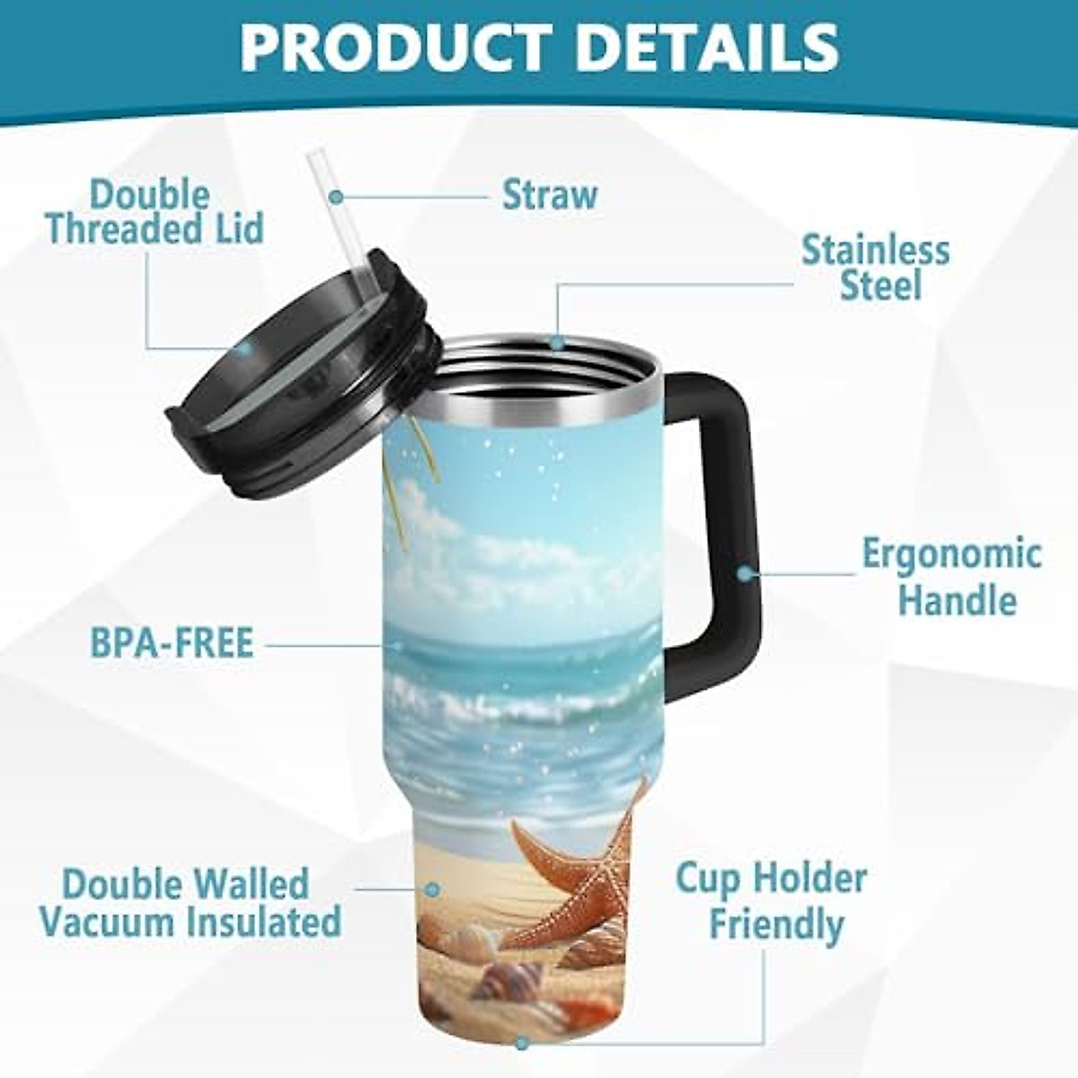 FRCSDIY Beach Starfish Insulated Tumbler with Handle and Straw Lid,40oz Leakproof Stainless Steel Cup BPA-Free Water Bottle