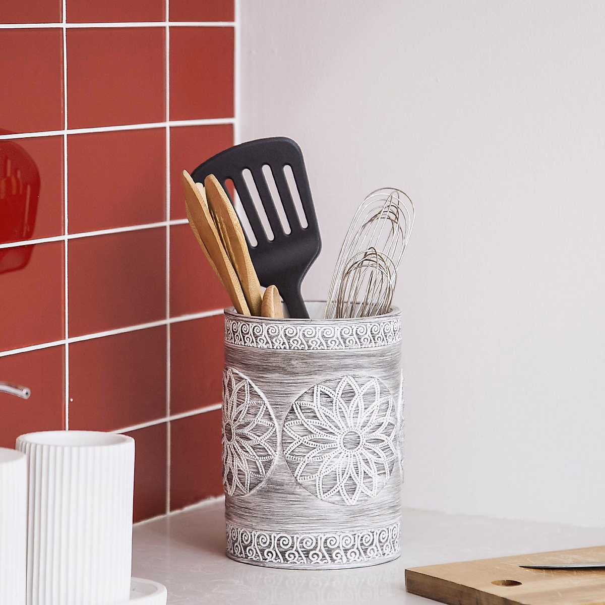 BINO Kitchen Utensil Holder for Countertop, Grey Sunflower - Utensil Caddy countertop utensil holder Utensil Crocks for kitchen Cooking Utensil Holder Kitchen Utensils Holder Spatula Holder