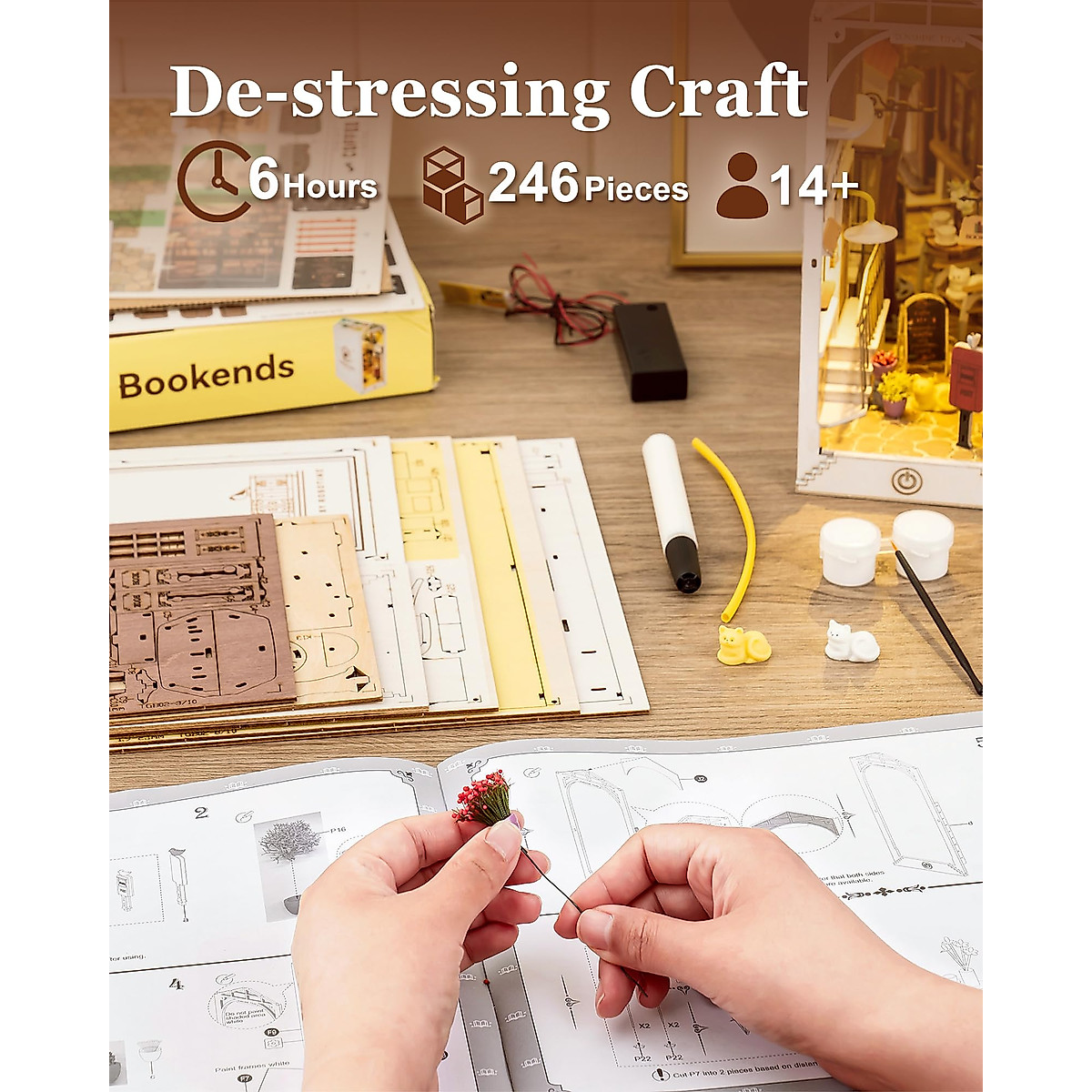 Rolife DIY Book Nook Kit 3D Wooden Puzzle for Adults 9.5" Bookshelf Indert Decor with LED Miniature Dollhouse Kit Bookend Crafts Diorama Hobbies Gifts for Boys Girls (Sunshine Town)