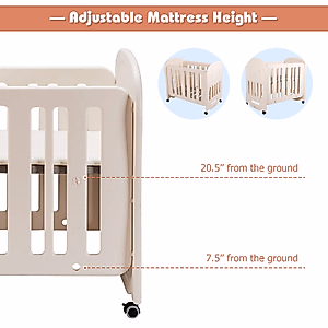 BABY JOY 3 in 1 Convertible Crib with Mattress Included, Rocking Bassinet Baby Bed with Detachable & Lockable Wheels for Easy Movement, Converts to Baby Playard, Toddler Bed (3-in-1)