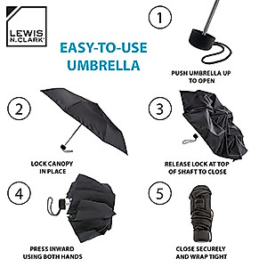 Lewis N. Clark Portable Mini Travel Umbrella, Windproof & Water Repellent Fabric, Manual Opening, 1 Year Warranty, Black