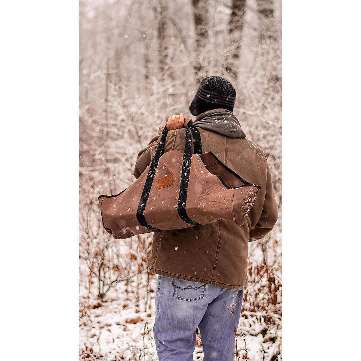 WHITEDUCK TUFF Large Firewood Carrier 21 Oz. Heavy Duty Waxed Canvas Log Carrier Holder for Fireplace, Carrying Wood Indoor & Outdoor (Brown, Boat Shape (26"x17"x9"))