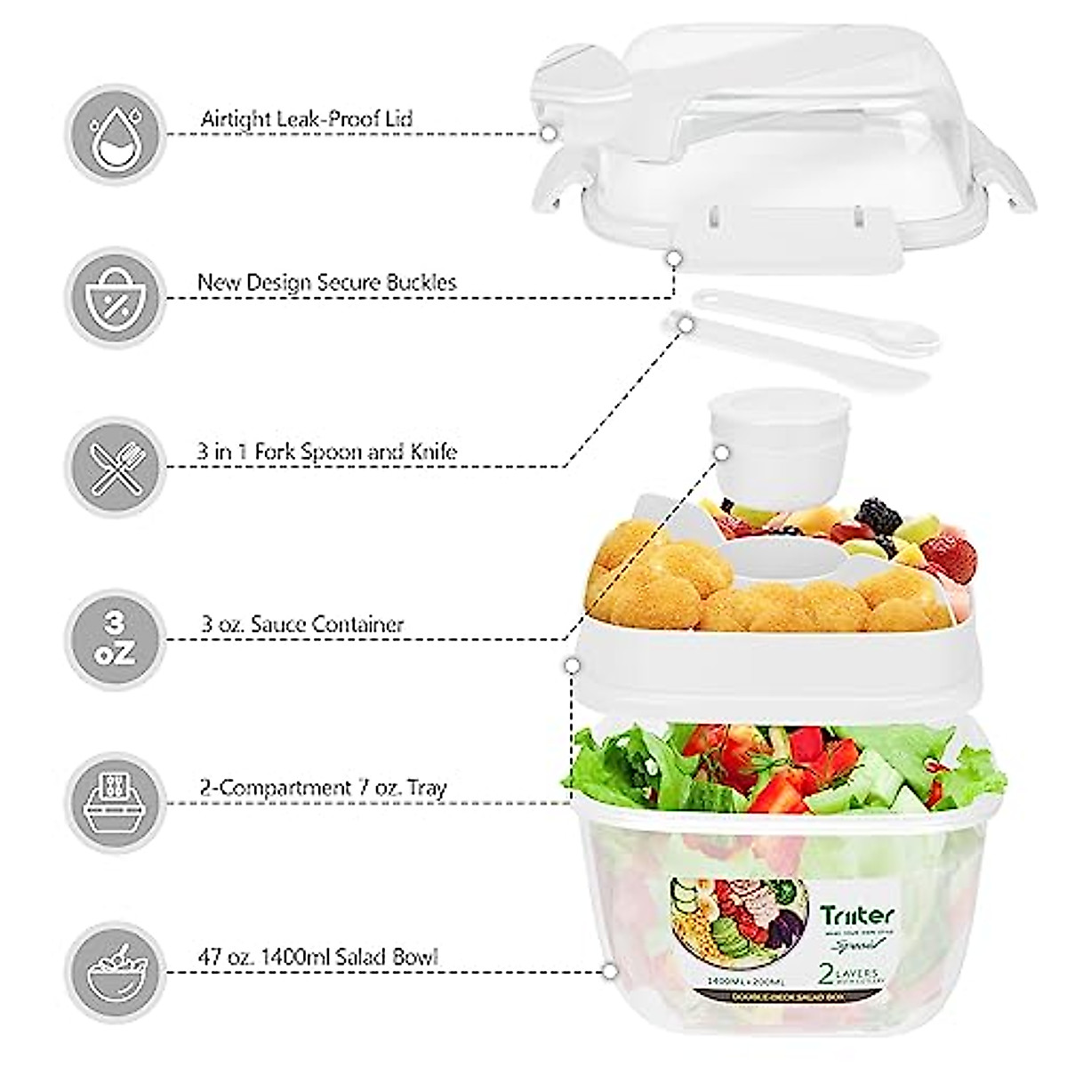 Triiter 55-oz Salad Lunch Box, White, BPA-Free, Leak-Proof, Convenient Compartments, Safe and Stylish
