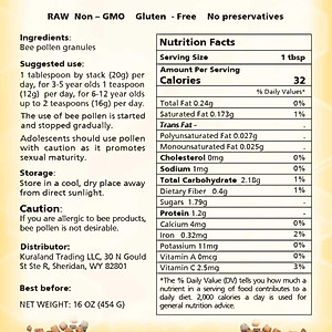 Bee Pollen Granules by Honey Treat- Raw, Pure, Natural, Fresh Wild Bee Pollen- Non GMO- No preservatives- 16 OZ (454g)