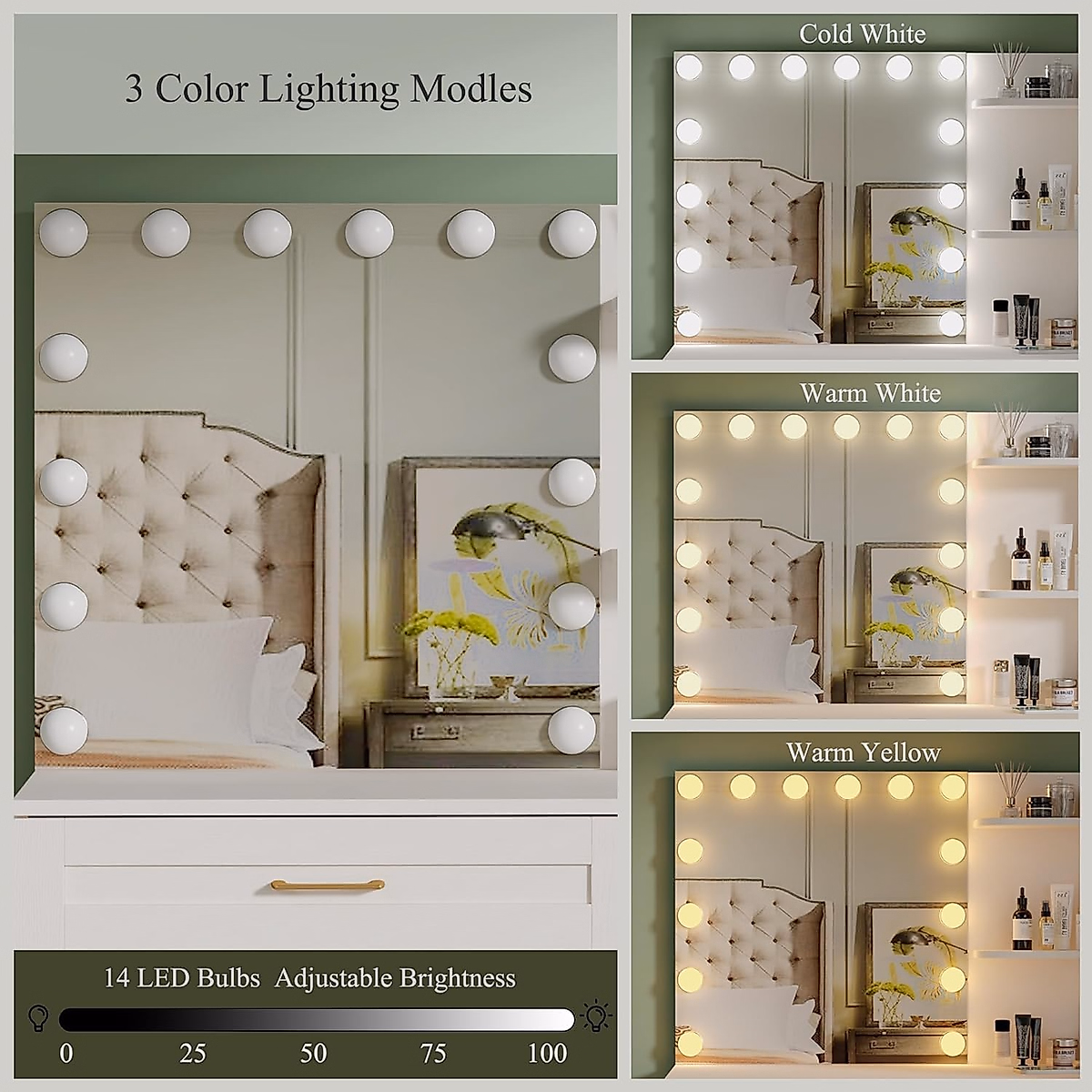 HUAHUU Vanity Desk with Lights, 37inch Makeup Vanity Desk with Mirror & Power Outlet, 3 Colors Lighting Adjustable Brightness, Makeup Vanity Set with Cushioned Chair and Cabinet, 3 Drawers, White