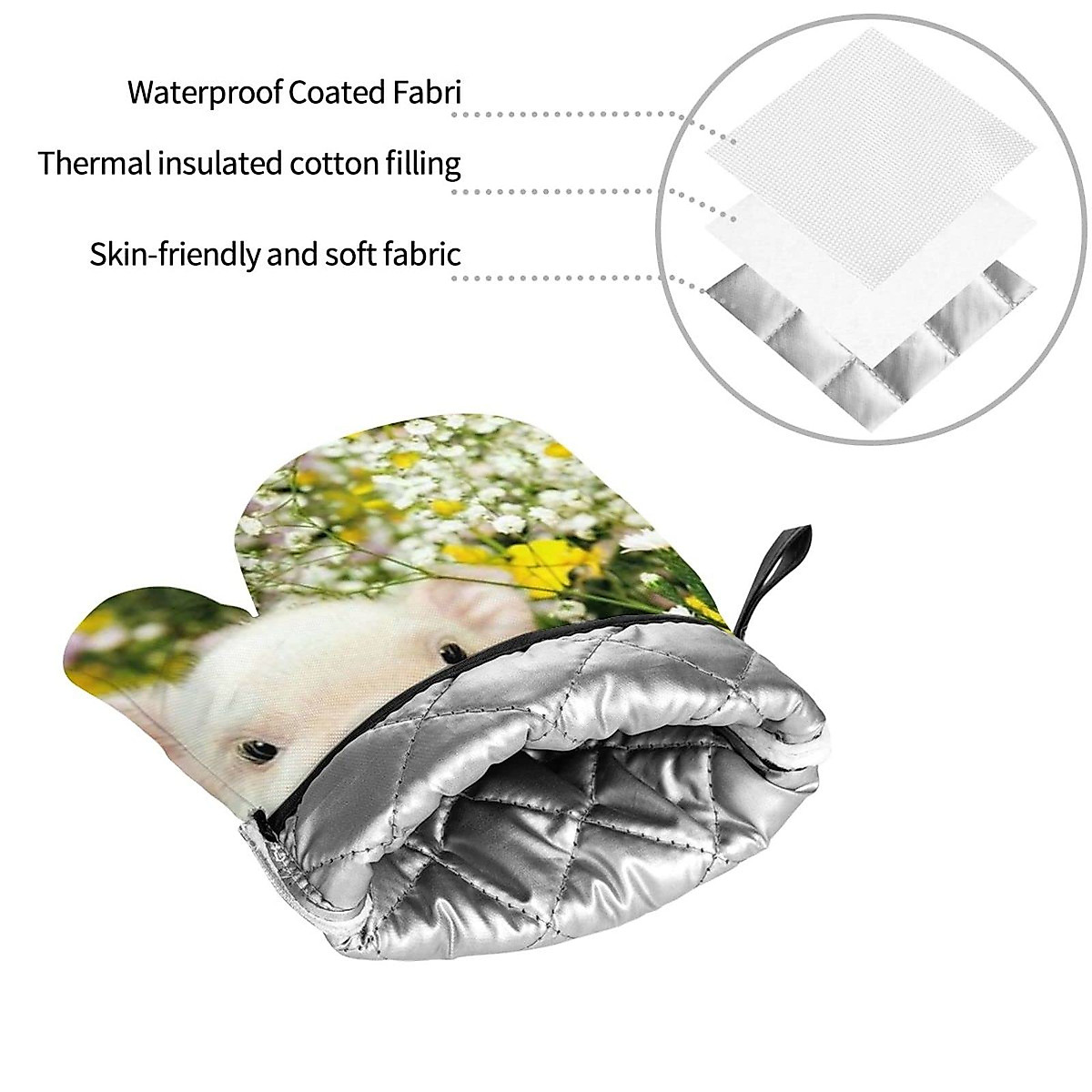 Rape Flower Pig Extra Long Oven Gloves and Hot Pads Set 4pcs for Cooking and Baking with Pockets