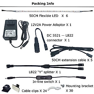 Litever Under Cabinet Light, 6 PCS 20 Inches Flexible LED Strips with Power Adapter, 24W,1800 Lumen, Daylight 5000K. Suitable for Kitchen Cabinets, Counters, Under Shelf, Closets (6-Strip-5000K)