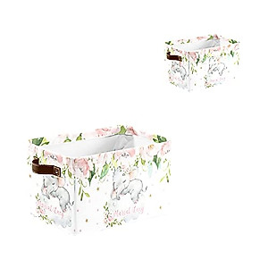Elephant Pink Floral Personalized Storage Bins Basket Cubic Organizer with Durable Handle for Shelves Wardrobe Nursery Toy 1 Pack