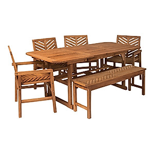 Walker Edison 7 Person Outdoor Wood Chevron Patio Furniture Dining Set Extendable Table Chairs Bench All Weather Backyard Conversation Garden Poolside Balcony, 6 Piece, Brown
