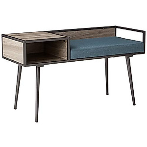 Walker Edison Hawkins Mid Century Modern Metal and Wood Storage Bench with Plush Cushion, 40 Inch, Blue